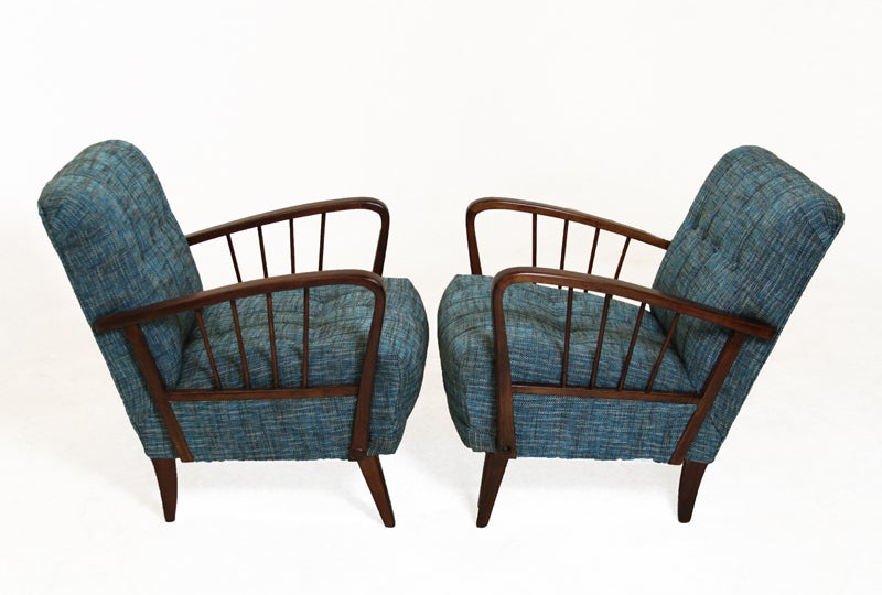 Danish Modern Birch Spindle Armchairs with Tufted Teal Tweed Back For ...