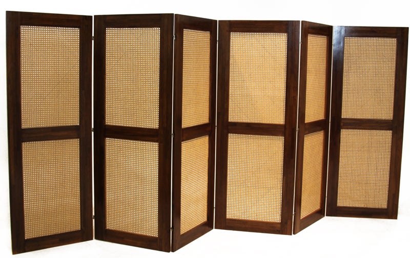 Massive Danish Modern Caned Solid Staved Teak Frame Folding Screen Room ...