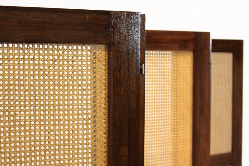 Massive Danish Modern Caned Solid Staved Teak Frame Folding Screen Room ...