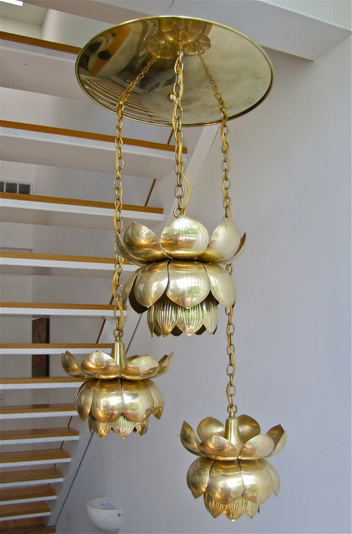 Large 3 Light Lotus Brass Chandelier at 1stDibs
