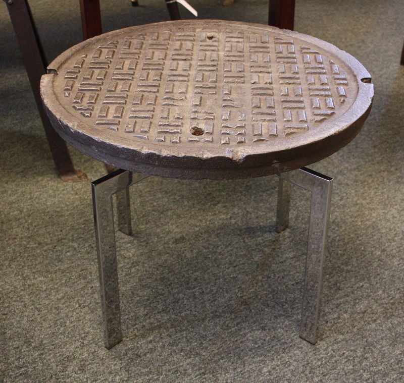 New York City Vintage Manhole Cover and Chrome Base End Table at ...