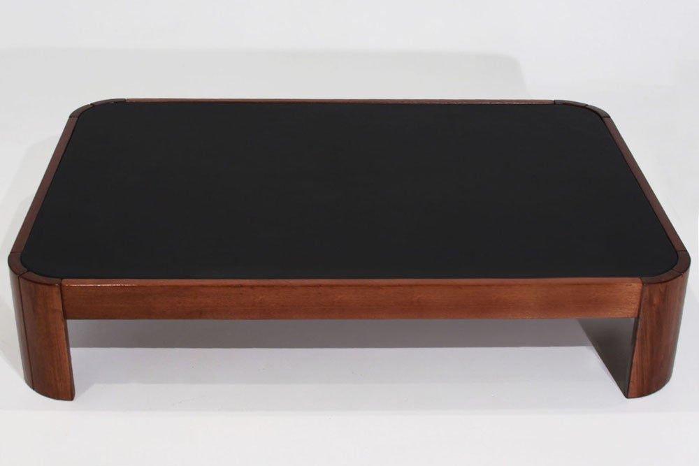 Rounded Rectangular Wood Coffee Table with Black Leather Top at 1stDibs