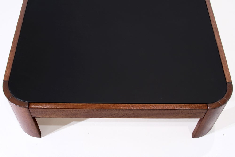 Rounded Rectangular Wood Coffee Table with Black Leather Top at 1stDibs