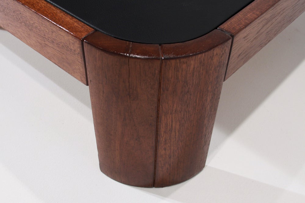 Rounded Rectangular Wood Coffee Table with Black Leather Top at 1stDibs