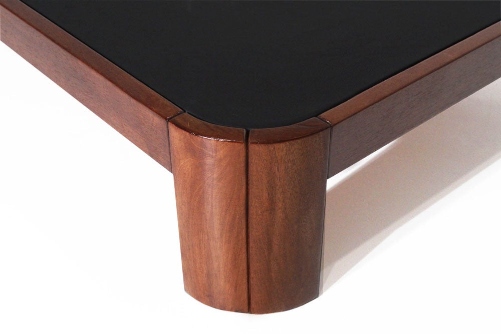 Rounded Rectangular Wood Coffee Table with Black Leather Top at 1stDibs