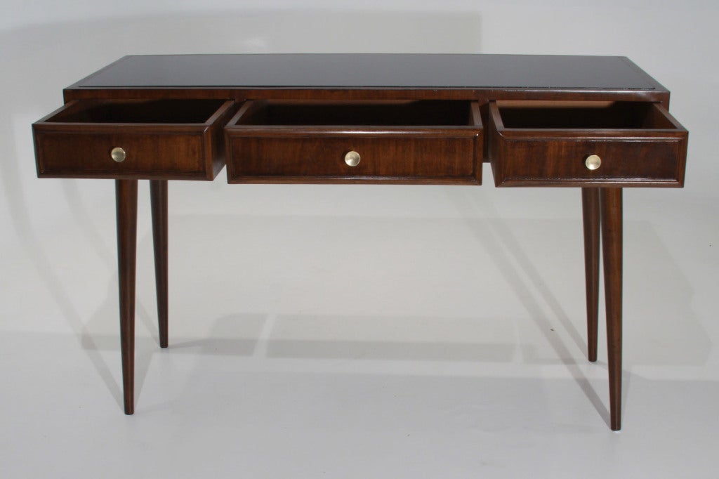 Brazilian Freijo wood desk with black glass top at 1stDibs
