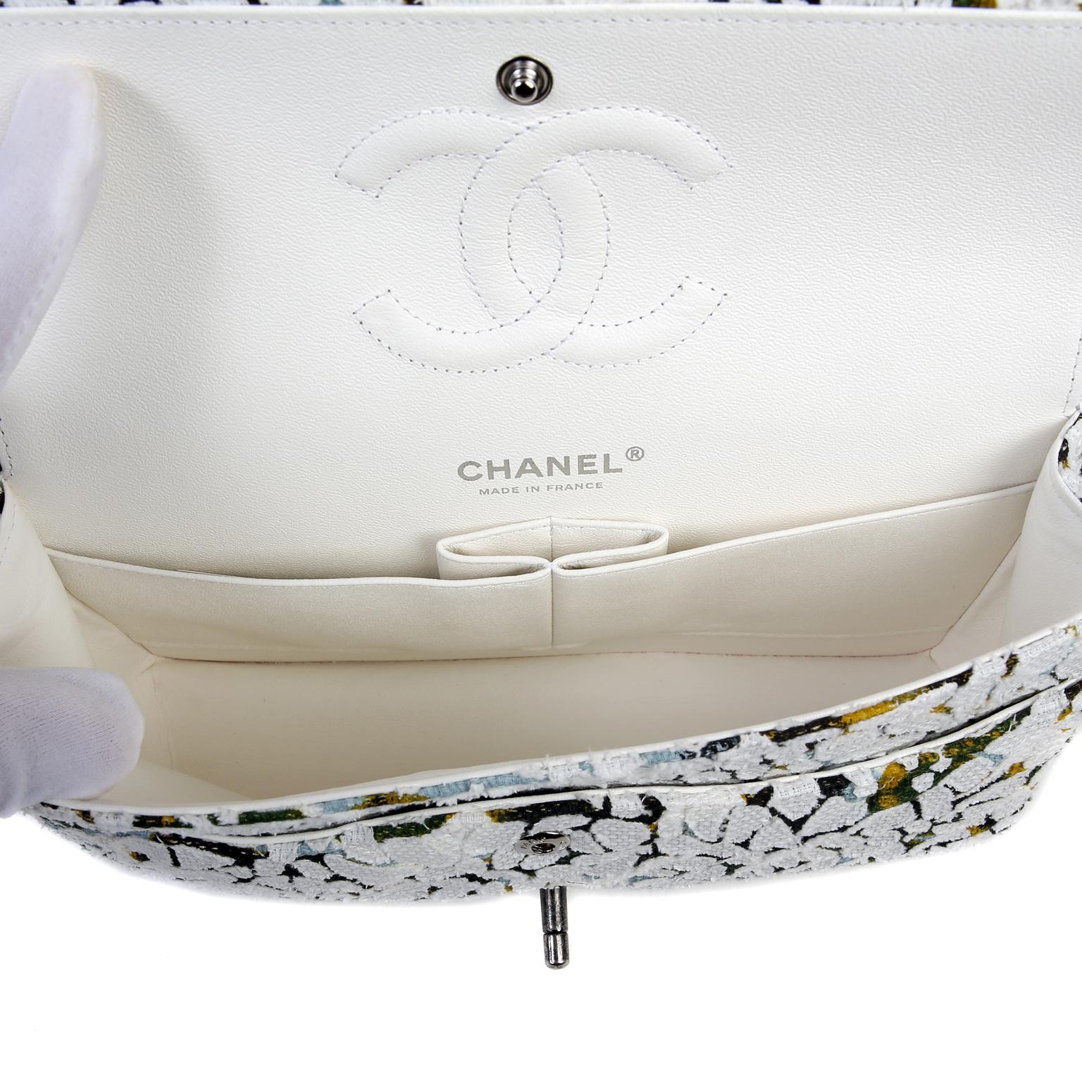 Chanel White Floral Tweed Double Flap Classic at 1stDibs
