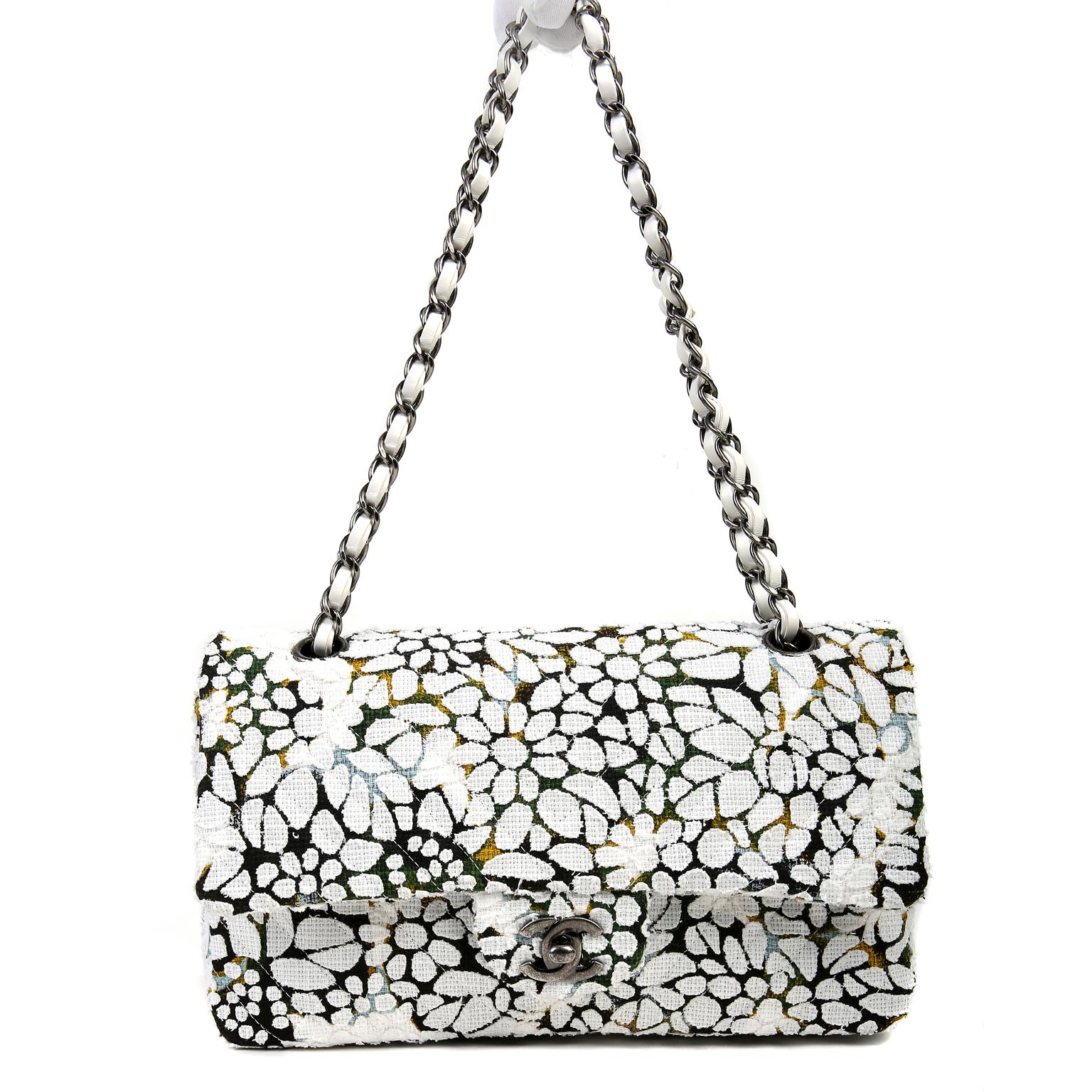 Chanel White Floral Tweed Double Flap Classic at 1stDibs