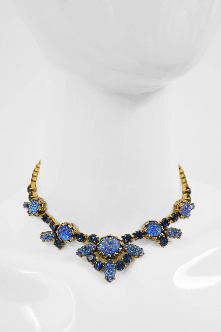 1950s Elsa Schiaparelli Irridescent Blue Art Glass and Rhinestone ...