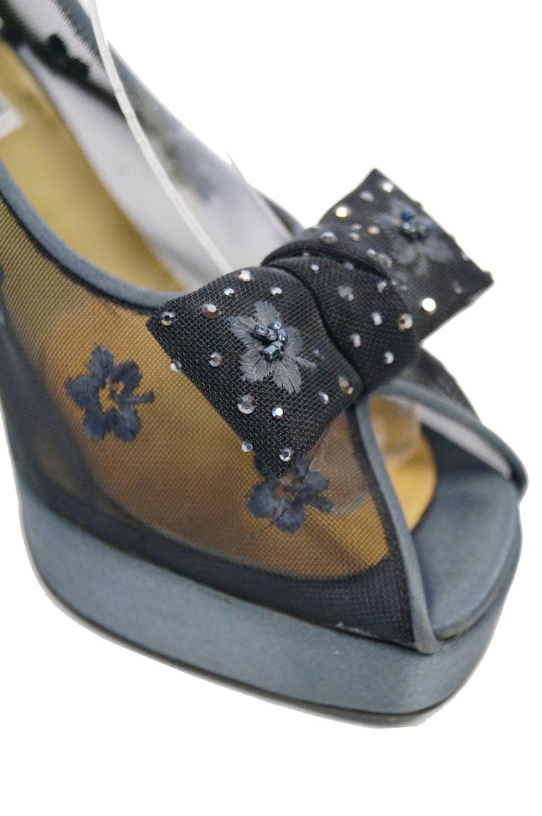 Versace Slate Blue Italian Satin Peep Toe Floral Sequin Heels, 1990s ...