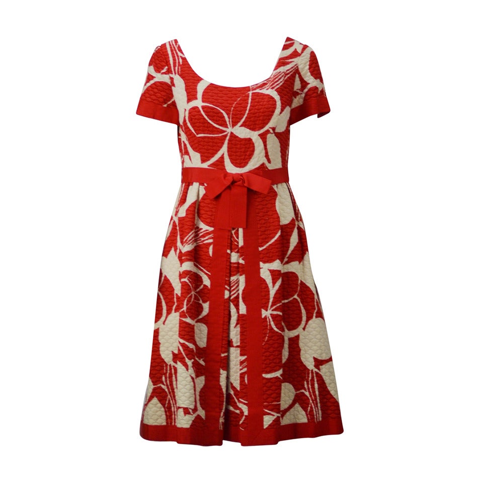 1970s Mollie Parnis Red and Bone Print Cotton Dress For Sale at 1stDibs