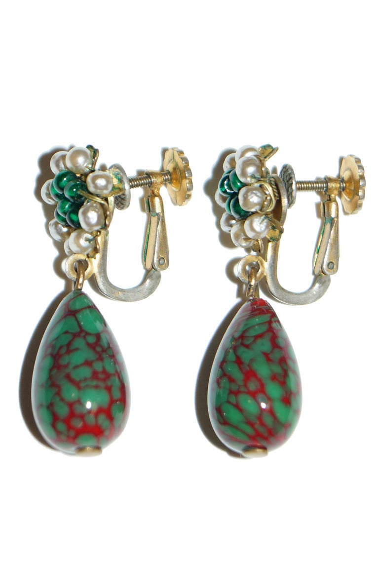 1950s Miriam Haskell Green and Red Poured Glass and Pearl Drop Earrings ...