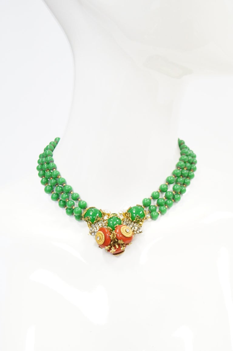 1950s Miriam Haskell Green and Umber Glass and Rhinestone Floral Choker ...