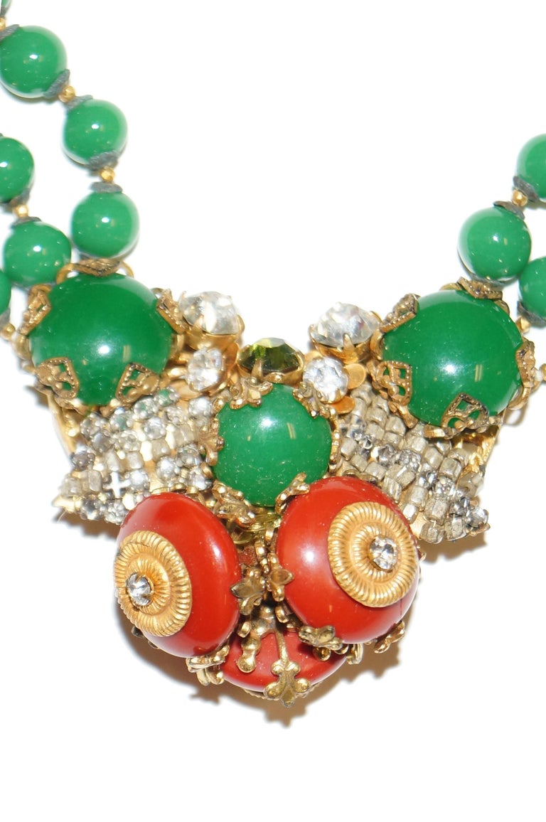 1950s Miriam Haskell Green and Umber Glass and Rhinestone Floral Choker ...