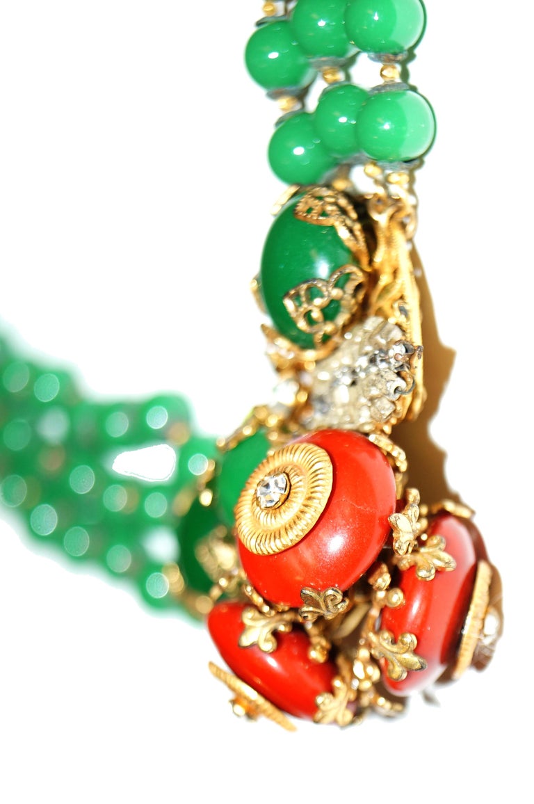 1950s Miriam Haskell Green and Umber Glass and Rhinestone Floral Choker ...