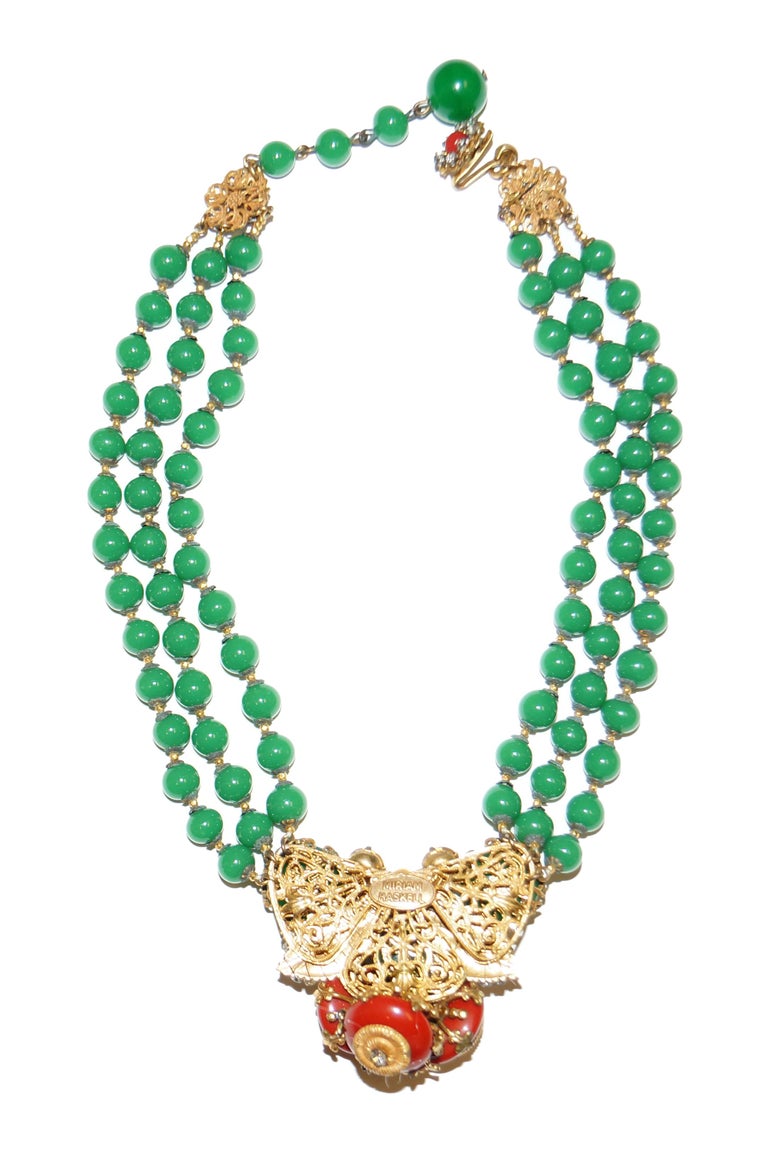 1950s Miriam Haskell Green and Umber Glass and Rhinestone Floral Choker ...