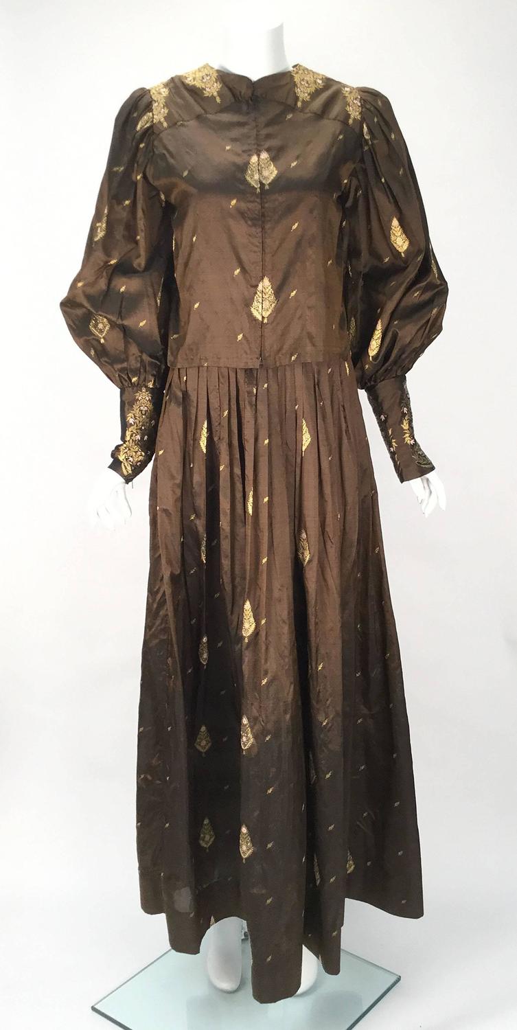 1970s Brown and Gold Metallic Silk Ensemble For Sale at 1stdibs