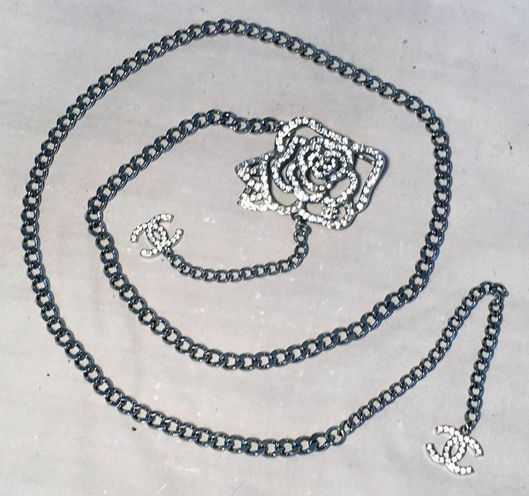 Chanel Silver Chain Rhinestone Camellia Flower Belt Necklace For Sale ...