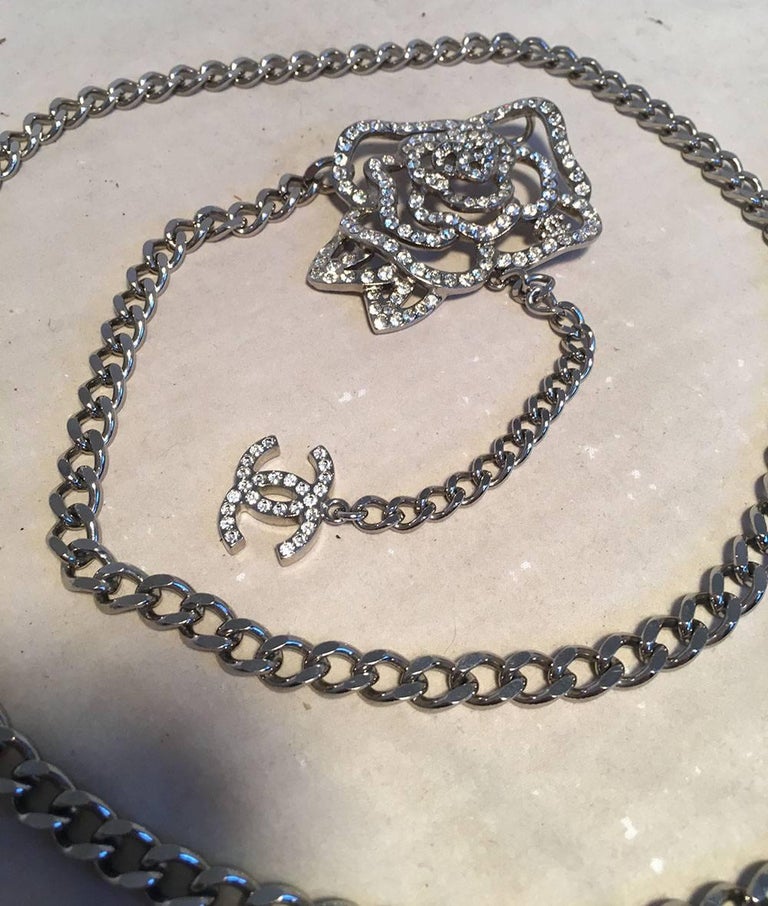 Chanel Silver Chain Rhinestone Camellia Flower Belt Necklace For Sale ...