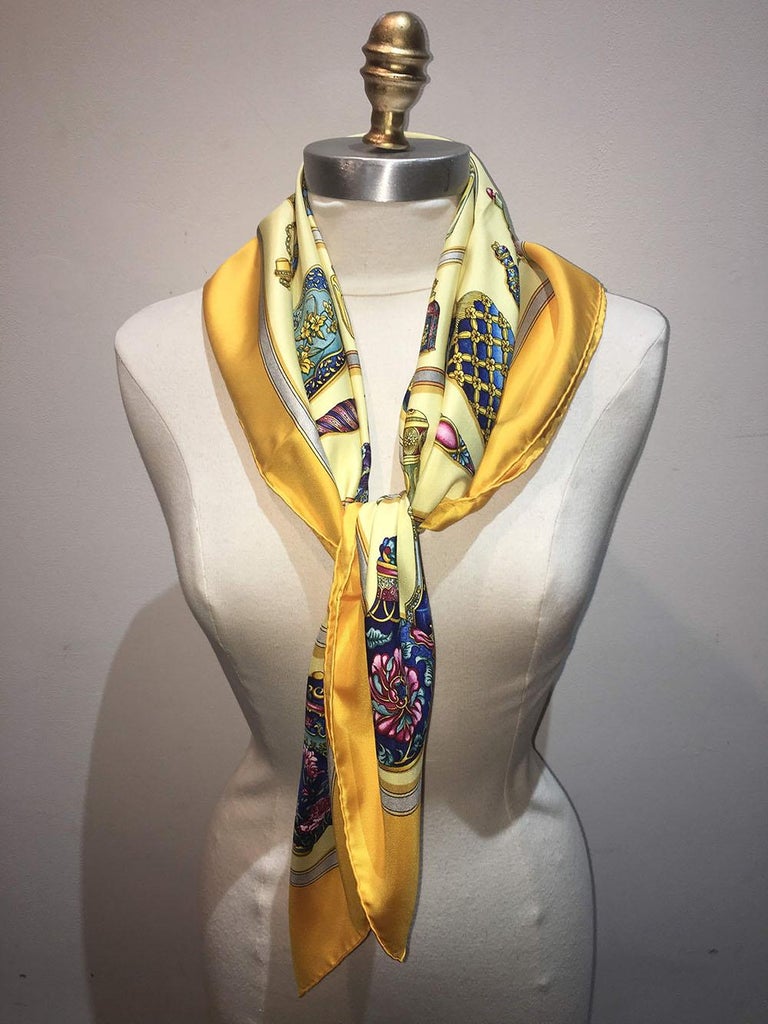Hermes Vintage Qui' Import le Flacons Yellow Silk Scarf at 1stDibs