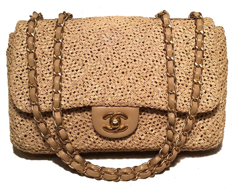 Chanel Tan Raffia Classic Flap Shoulder Bag For Sale at 1stDibs