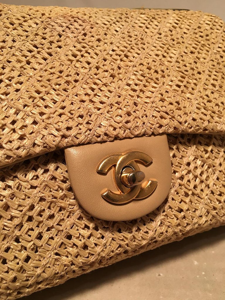 Chanel Tan Raffia Classic Flap Shoulder Bag For Sale at 1stDibs