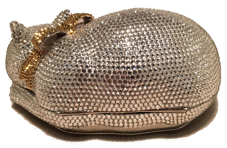 Judith Leiber Clear Swarovski Crystal Cat Minaudiere with Gold Bow at ...