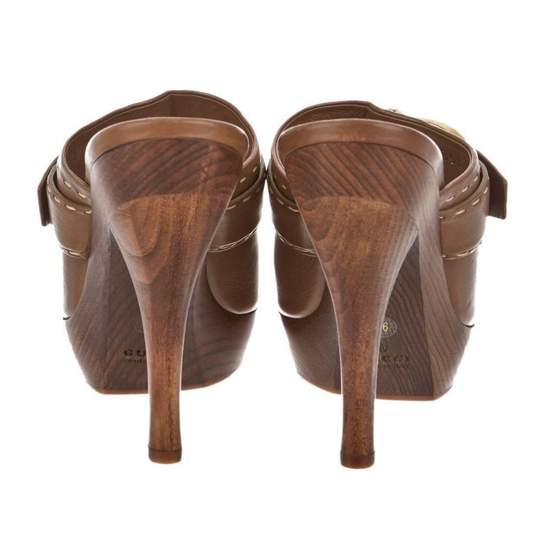 NEW Size 36 Gucci Brown Leather Peep Toe Mule Heels at 1stDibs