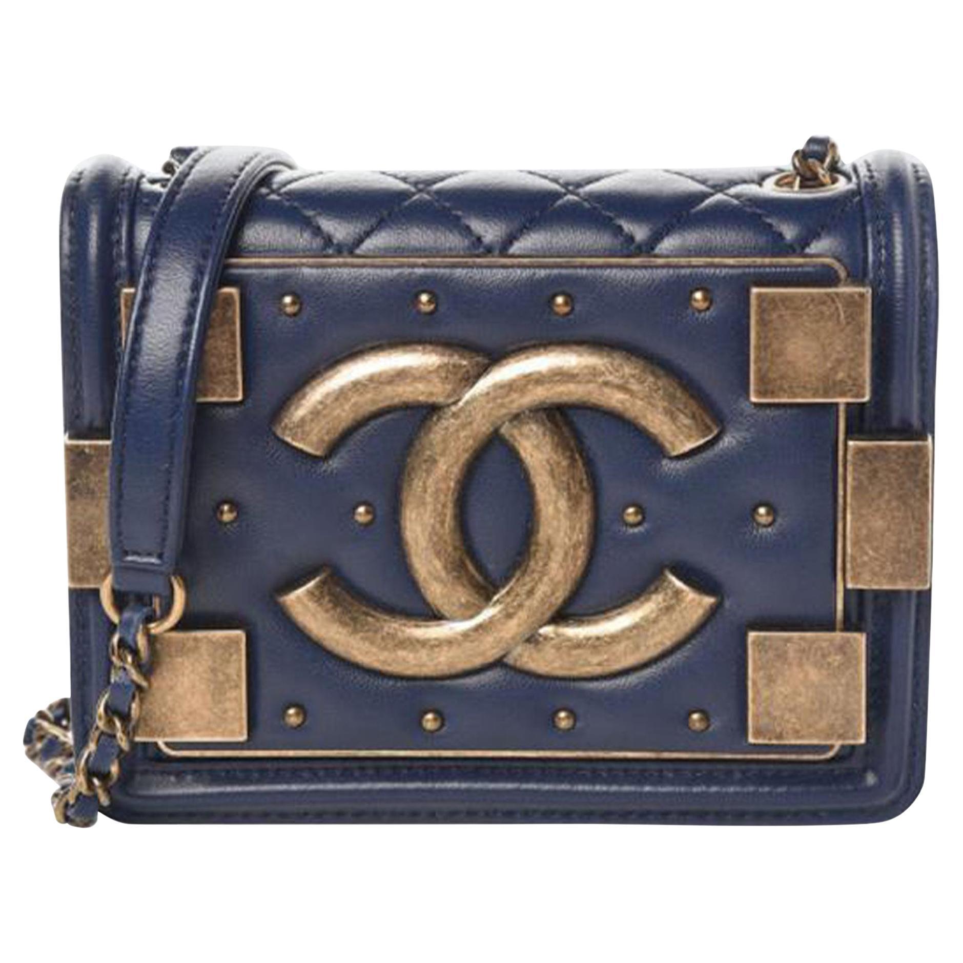 Chanel Mini Studded Classic Flap Boy Brick Logo CC Navy Blue Bag For ...