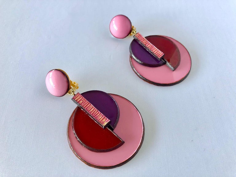 Pink and Red Pop Art Circle Statement Earrings by Cilea Paris at 1stDibs