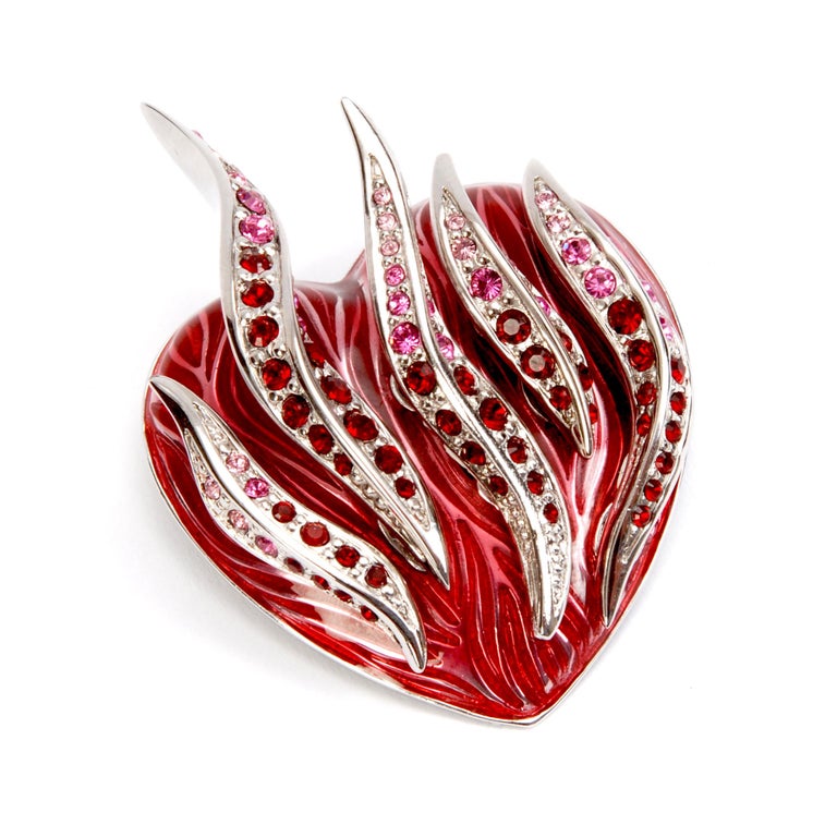 Simon Harrison Flaming Heart Enamel And Crystal Brooch For Sale at 1stDibs