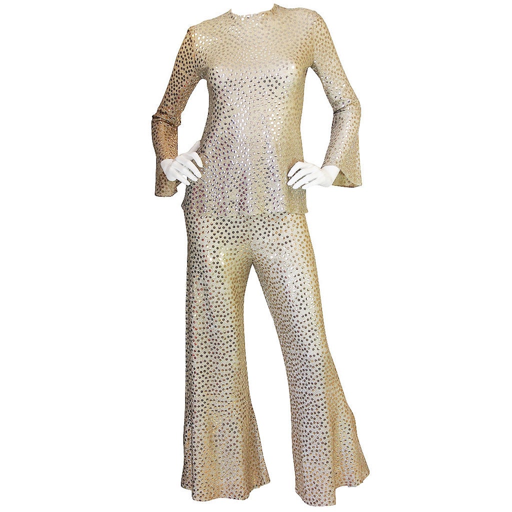1960s Mollie Parnis Silk and Sequin Gold Flared Pant Set at 1stDibs