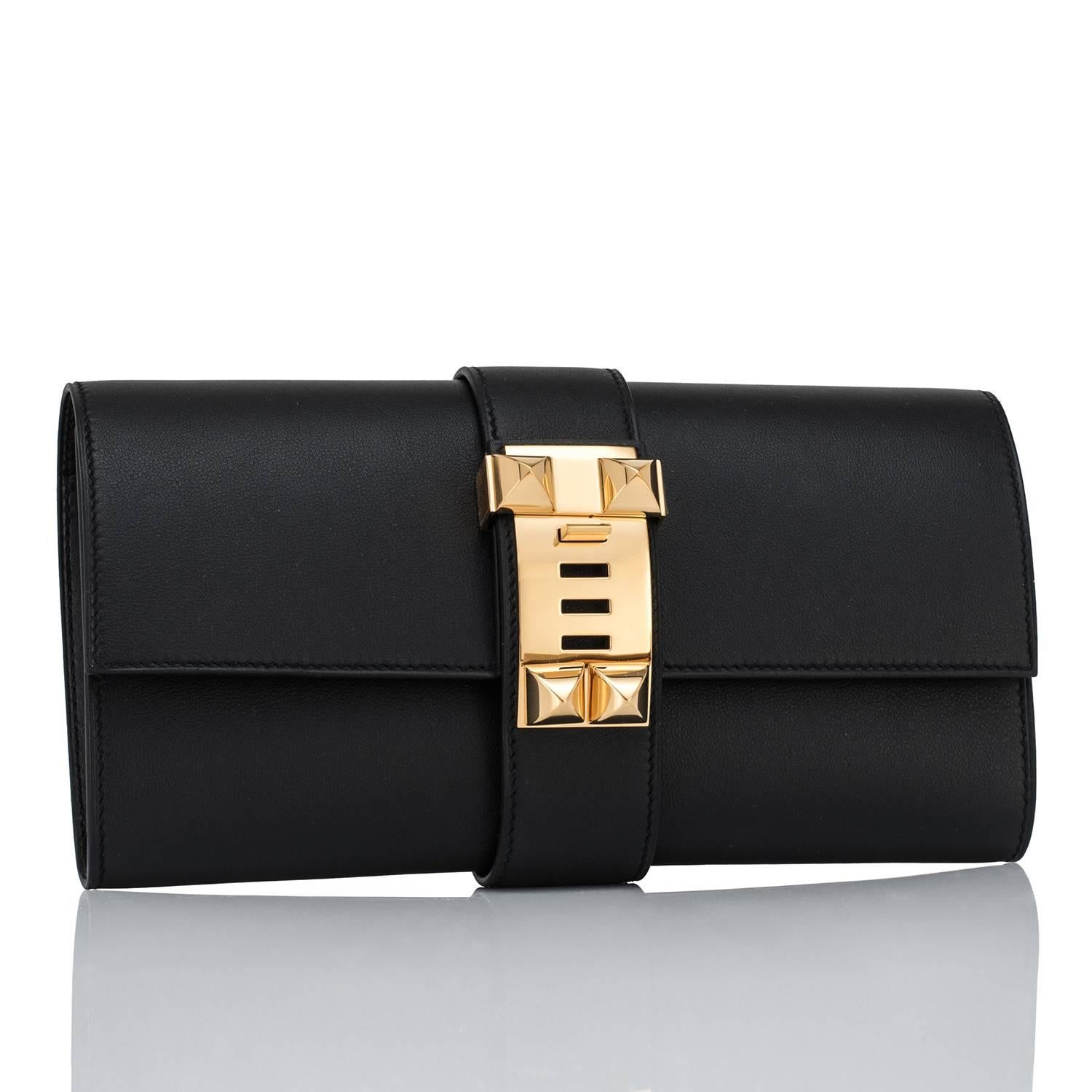 Hermes Black Medor Clutch Swift Leather Gold Hardware Elegant at 1stDibs
