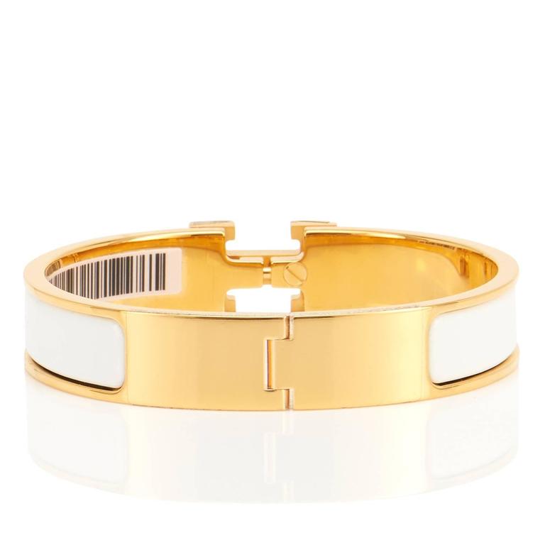Hermes White Clic Clac H Yellow Gold Enamel Bangle Narrow Bracelet PM at 1stDibs | white hermes ...