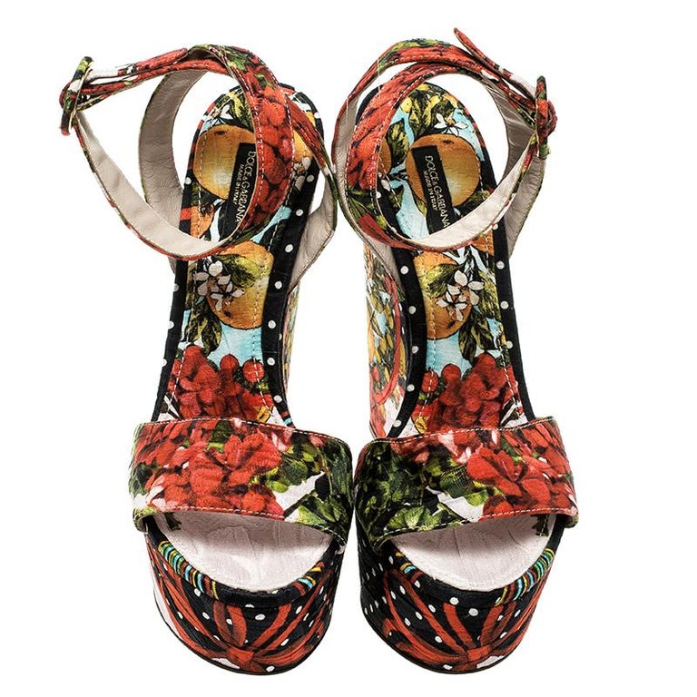 Dolce and Gabbana Multicolor Printed Brocade Peep Toe Ankle Wrap Wedge ...