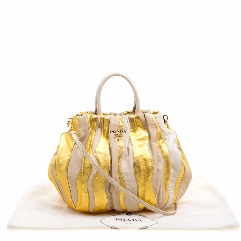Prada Beige/Gold Stripe Leather Hobo at 1stDibs