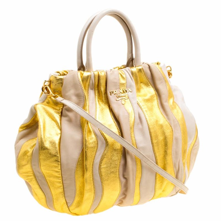 Prada Beige/Gold Stripe Leather Hobo at 1stDibs