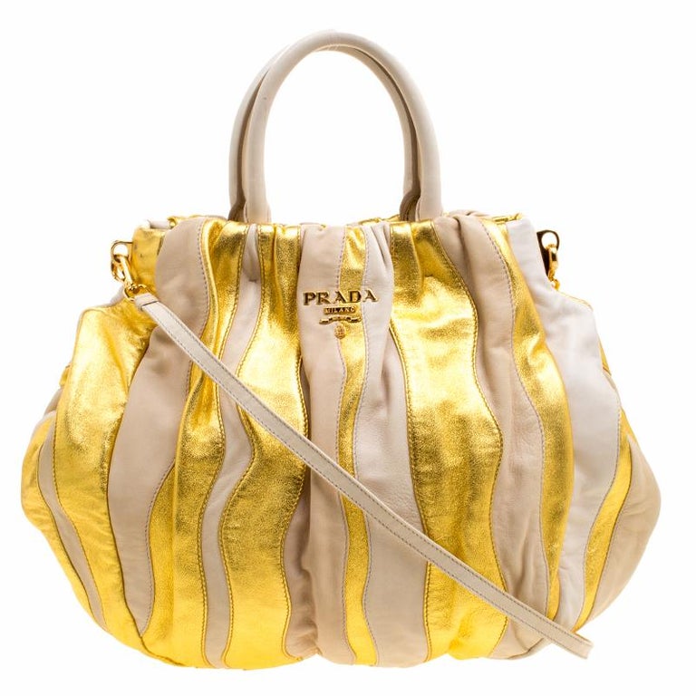 Prada Beige/Gold Stripe Leather Hobo at 1stDibs