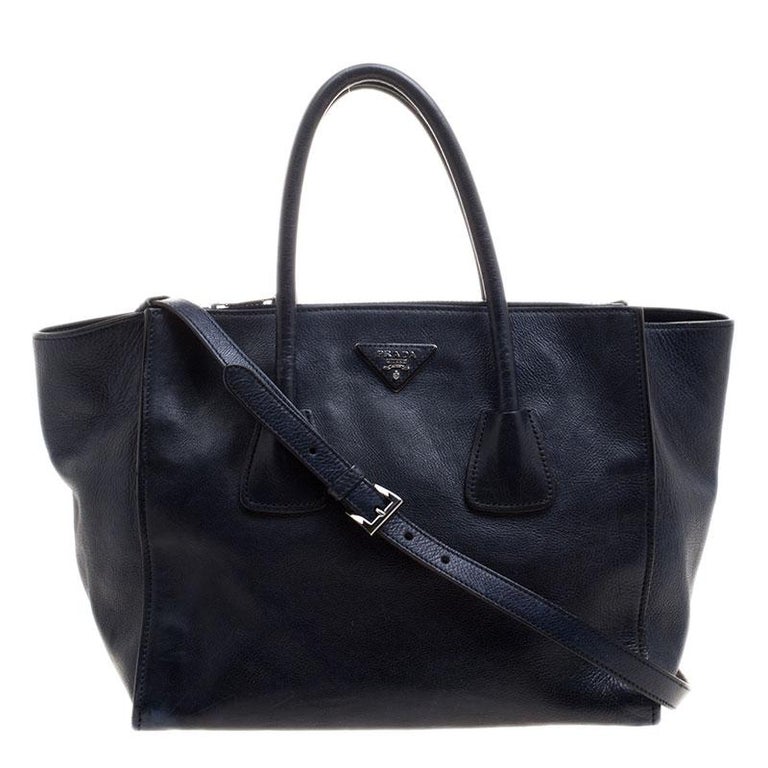 Prada Navy Blue Leather Double Zip Tote For Sale at 1stDibs
