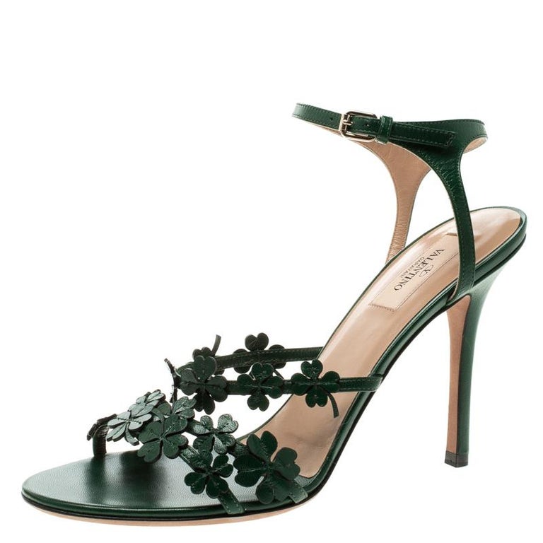 Valentino Green Leather Four Leaf Clover Appliquè Ankle Strap Sandals ...