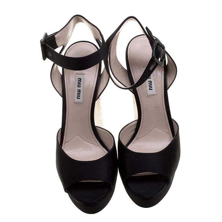 Miu Miu Black Satin Crystal Embellished Block Heel Ankle Strap Sandals Size 40 at 1stDibs