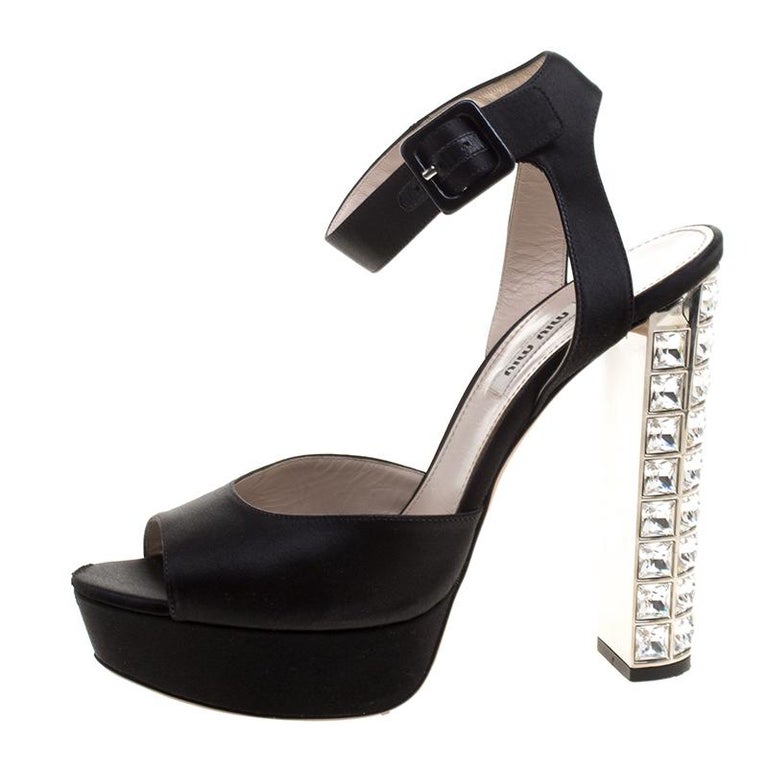 Miu Miu Black Satin Crystal Embellished Block Heel Ankle Strap Sandals Size 40 at 1stDibs