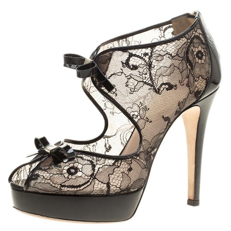 Ballin Black Lace Bow Detail Peep Toe Platform Sandals Size 38.5 at 1stDibs