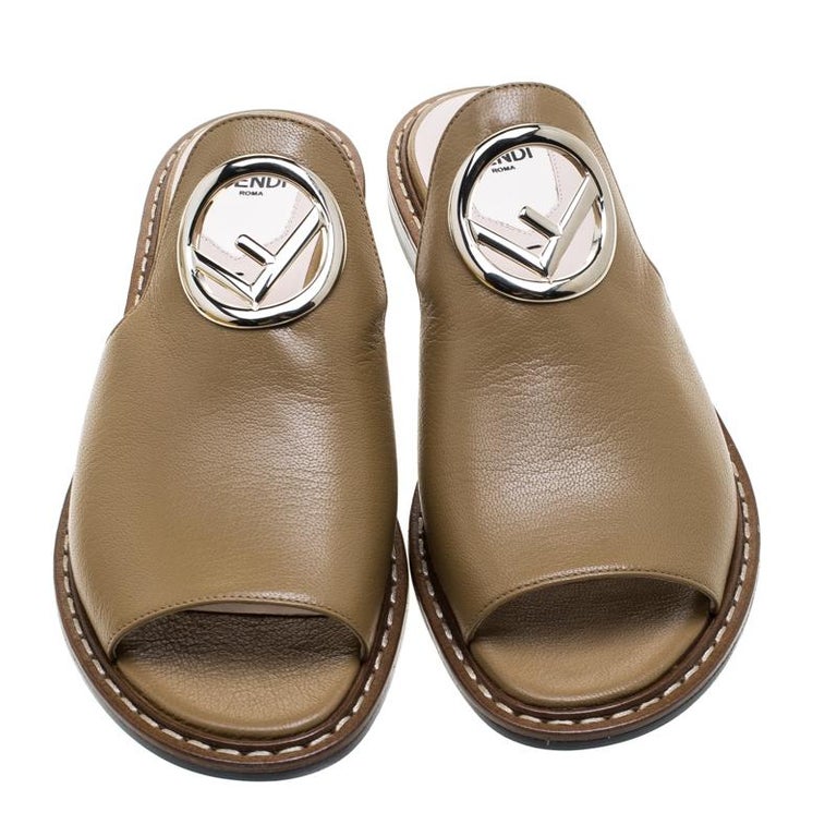 Fendi Brown Leather F Logo Peep Toe Flat Mules Size 38 For Sale at ...