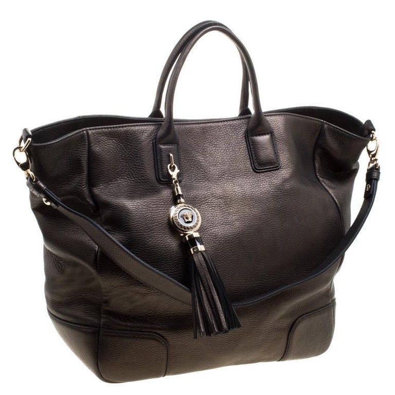 Versace Gun Metal Leather Elettra Vanitas Tote at 1stDibs