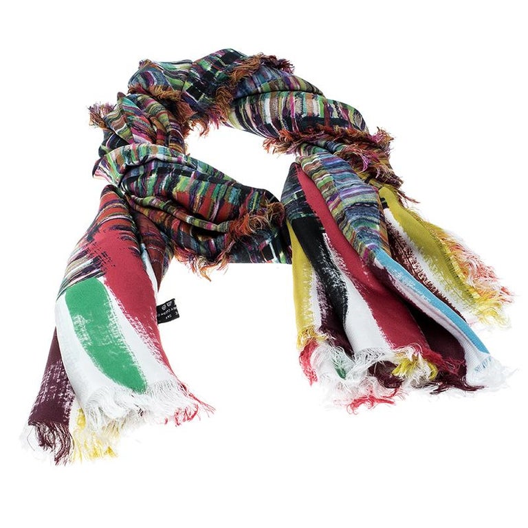 Chanel Multicolor Printed Silk Fringed Edged Scarf For Sale at 1stDibs