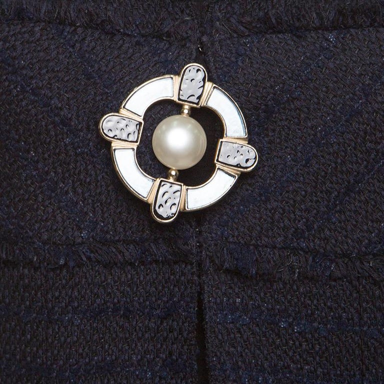 Chanel Vintage Navy Blue Textured Brooch Closure Fringed Edge Coat S ...