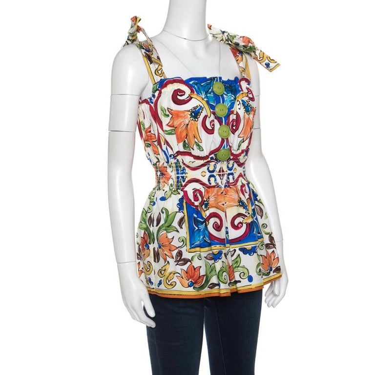 Dolce and Gabbana Multicolor Majolica Printed Cotton Smocked Waist ...