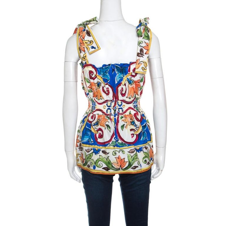 Dolce And Gabbana Multicolor Majolica Printed Cotton Smocked Waist