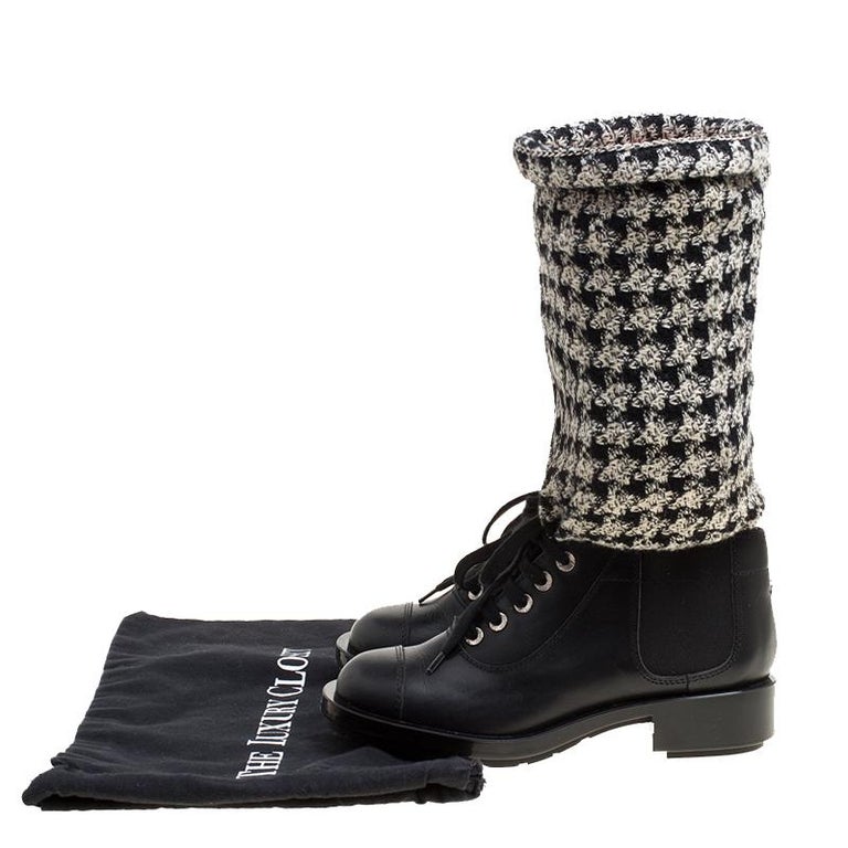Chanel Black/Off White Leather and Tweed Lace Up Chain Detail Boots ...